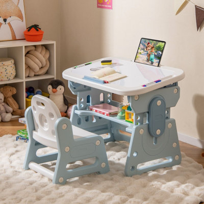 GAINOOM Kids Blue Table and Chair Set Height Adjustable Toddler Drawing ...