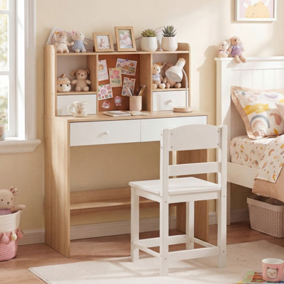 GAINOOM Kids Natural + White Study Desk and Chair Set Student Writing ...