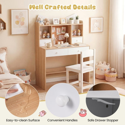 GAINOOM Kids Natural + White Study Desk and Chair Set Student Writing ...