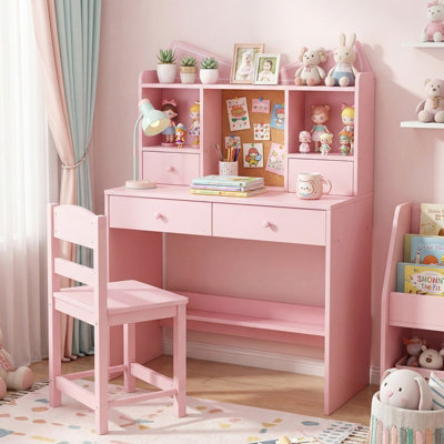 GAINOOM Kids Pink Study Desk and Chair Set Student Writing Table with ...