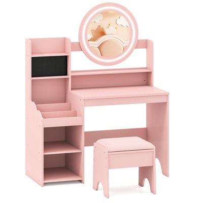 GAINOOM Kids Pink Vanity Desk with Mirror and Lights Princess Pretend ...
