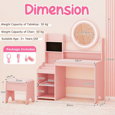 GAINOOM Kids Pink Vanity Desk with Mirror and Lights Princess Pretend ...
