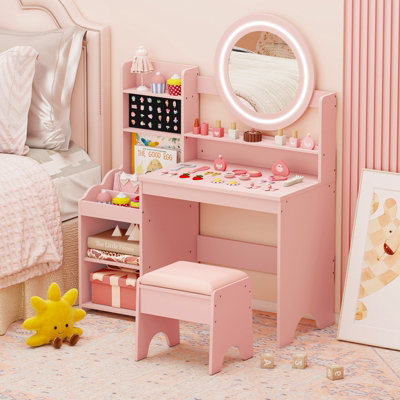 GAINOOM Kids Pink Vanity Desk with Mirror and Lights Princess Pretend ...