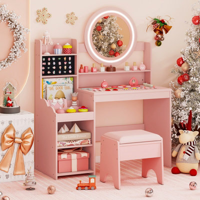 GAINOOM Kids Pink Vanity Desk with Mirror and Lights Princess Pretend ...