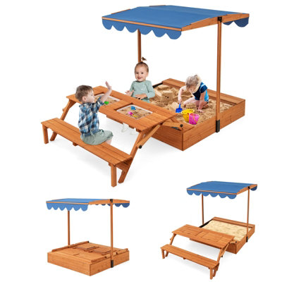 GAINOOM Kids Wooden Natural Sand Box Outdoor Sand Pit w/ Lid Cover