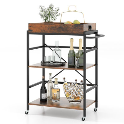 GAINOOM Kitchen 3-Tier Bar Cart Industrial Serving Cart w/Detachable Tray