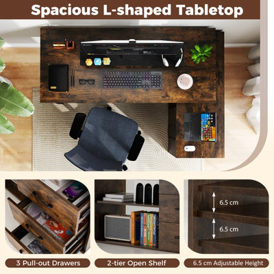 GAINOOM L-Shaped Coffee Computer Desk Corner Executive Desk w/ 3 Drawers