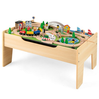 GAINOOM Natural Wooden Train Table 78 Pieces Kids Activity Railway Playset