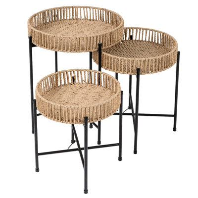 GAINOOM Round Bedside Tables Nesting Side Tables Set of 3 Weaving End ...