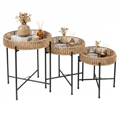 GAINOOM Round Bedside Tables Nesting Side Tables Set of 3 Weaving End ...