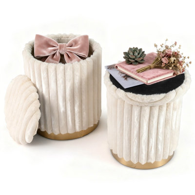 GAINOOM Set of 2 Modern Ottoman 32L + 21L Bunny Hair Upholstered Round ...