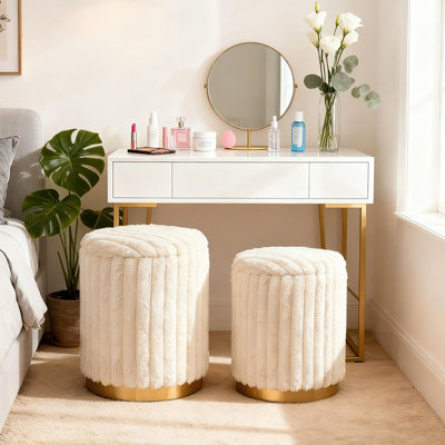 GAINOOM Set of 2 Modern Ottoman 32L + 21L Bunny Hair Upholstered Round ...
