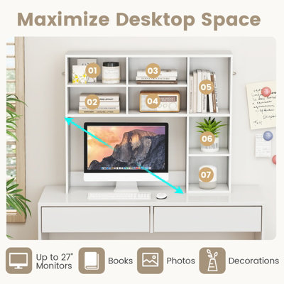 GAINOOM White Desktop Bookshelf Desk Hutch with 3 Adjustable Shelves