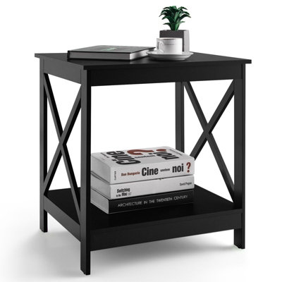 GAINOOM Wooden Black Side Table X-Frame Storage Bedside End Table w ...