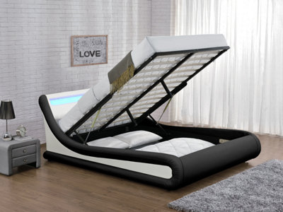 Galaxy Ottoman Double Bed Frame with LED and Storage Black White