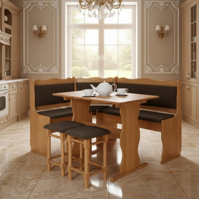 Galeria Kitchen Corner Dining Set with Storage Bench Table and 2 Stools ...