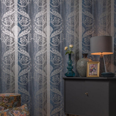 Galerie Adonea Nerites Midnight Blue Metallic Damask Stripe Smooth ...