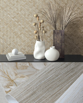 Galerie Eden Collection Beige Rattan Chevron Effect Wallpaper Roll