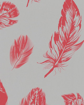 Galerie Imagine Grey Red Bold Feathers Embossed A4 Wallpaper Sample