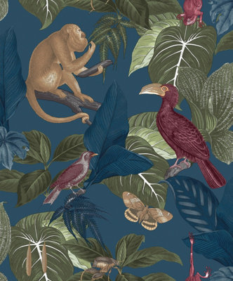 Galerie Into The Wild Metallic Blue Tropical Life Leaf Wallpaper Roll
