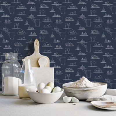 Galerie Just Kitchens Blue Chalkboard Menu Wallpaper Roll