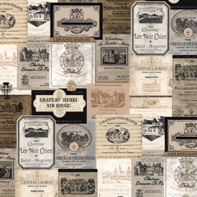 Galerie Kitchen Style 3 Cream Beige Black Wine Labels Smooth Wallpaper
