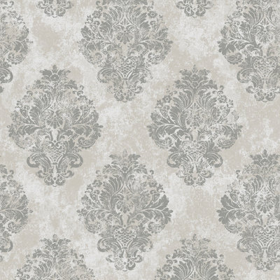 Galerie Metallic Fx Silver Beige Metallic Damask Textured Wallpaper | £ ...