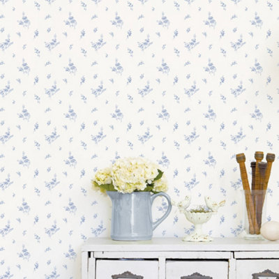 Galerie Miniatures 3 Blue White Small Floral Sprig Smooth Wallpaper