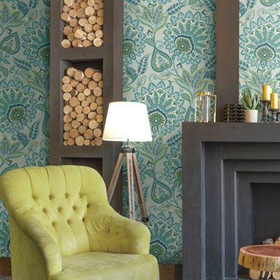 Galerie Mulberry Tree Blue Green Floral Pattern Wallpaper Roll