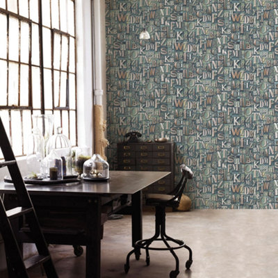 Galerie Nostalgie Green Block Letters Smooth Wallpaper | DIY at B&Q