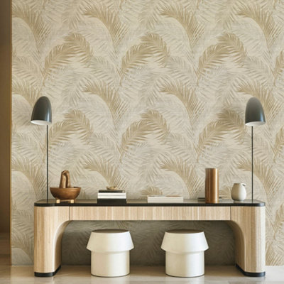 Galerie Palm Tree Beige Gold Wallpaper | DIY at B&Q