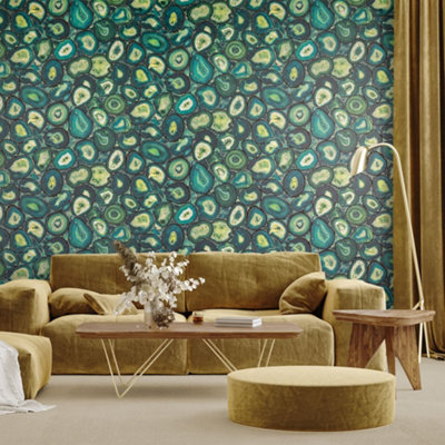Galerie Pepper Filo Green Glass Bead Geometric Stone Wallpaper