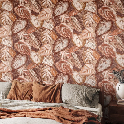 Galerie Pepper Vita Orange Glass Bead Finish Ficus Leaf A4 Wallpaper Sample