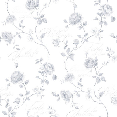 Galerie Vintage Roses Grey Trailing Rose Smooth Wallpaper | DIY at B&Q