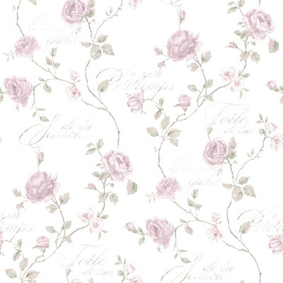 Galerie Vintage Roses Pink Green White Trailing Rose Smooth Wallpaper ...