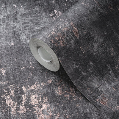 Galerie Welcome Home Black Distressed Metallic Texture A4 Wallpaper Sample