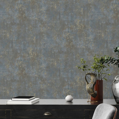 Galerie Welcome Home Blue Distressed Metallic Texture Wallpaper