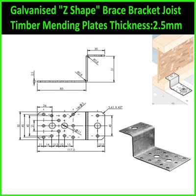 Galvanised "Z Shape" Brace Bracket Joist Timber Mending Plates Height ...