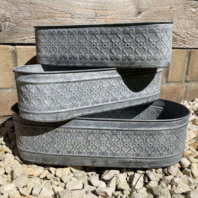 Galvanised Zinc Floral Metal Planter Garden Flower Pots Trough Set of 3 ...