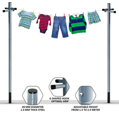 Galvanized 2.4m Washing Line Post Pole Heavy Duty Clothes Support With ...