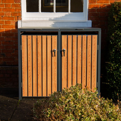 Galvanized Steel Wheelie Bin Cover Wood Effect Storage With Lift-Up ...