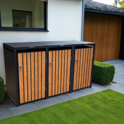 Galvanized Steel Wheelie Bin Cover Wood Effect Storage With Lift-Up ...