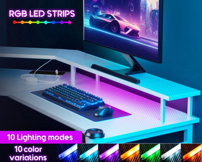 Gaming Desk with LED Lights, Corner Gaming Desk with 2 Sockets and 2 ...