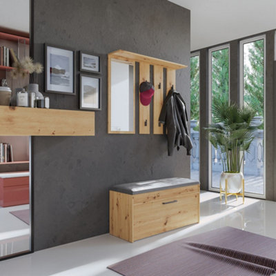 Gar Parma Shoe Cabinet Coat Rack and Mirror Artisan Oak