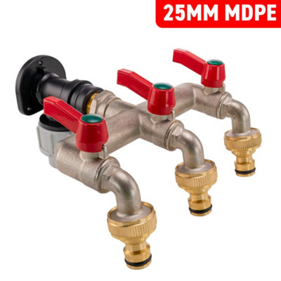 garden 3 way manifold with 25mm mdpe water supply pipe backplate