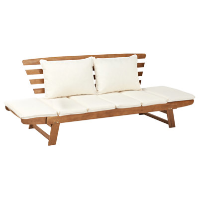 Garden Bench with Cushion PORTICI 210 cm Eucalyptus Wood Light Brown/ White