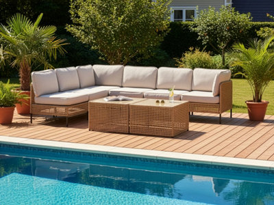 Garden Corner Sofa with Table 6 Seater OMEGANA Modular PE Rattan Light ...