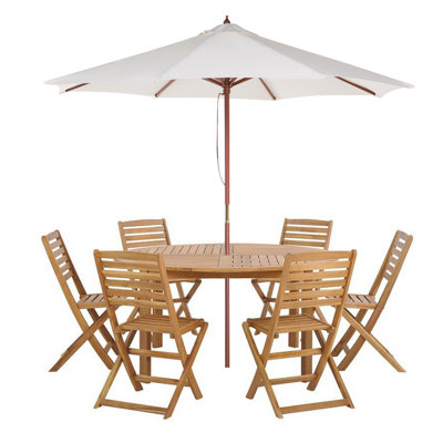 Garden Dining Set 6 Seater TOLVE Brown Acacia Wood with Parasol (12 ...
