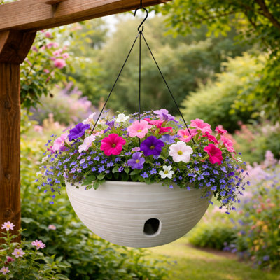 Garden Hanging Basket 12" / 30cm, Stone Grey - Round Self-Watering ...