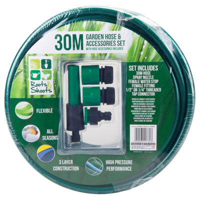 Garden Hose & Connector 4 Piece Set 30m Reinforced Pipe - Roots ...